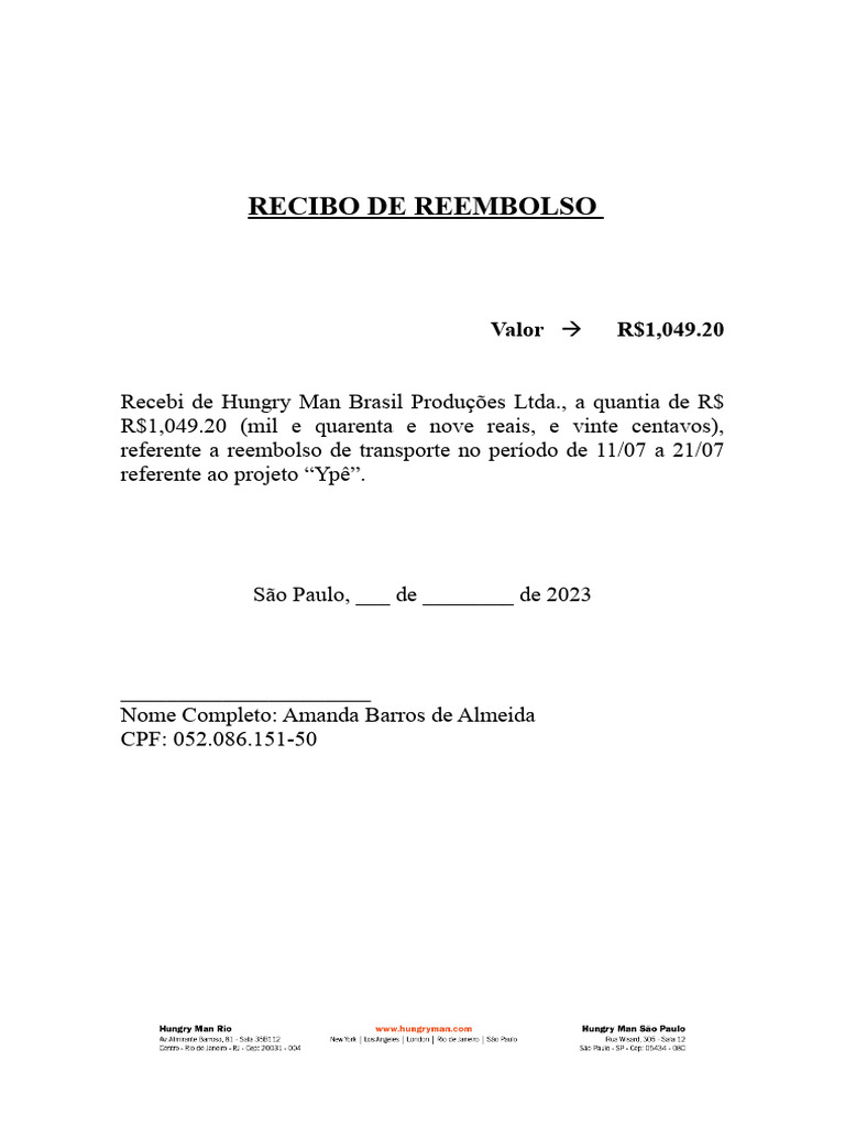 Recibo Reembolso Amanda Barros | PDF