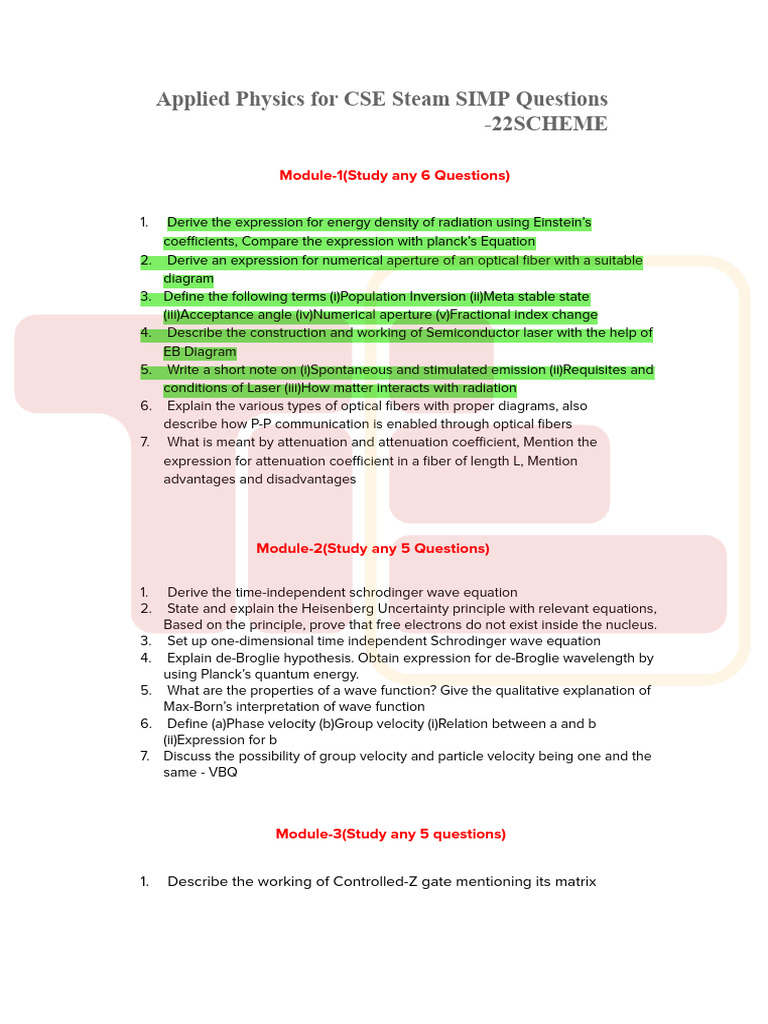 Applied Physics For CSE - Simp QB | PDF | Schrödinger Equation | Waves Applied Physics For CSE - Simp QB | PDF | Schrödinger Equation | Waves