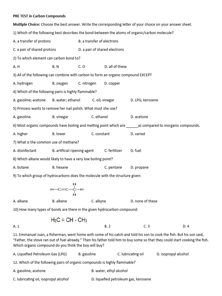 Pre TEST in Carbon Compounds - Research | PDF | Chemical Compounds | Alkane