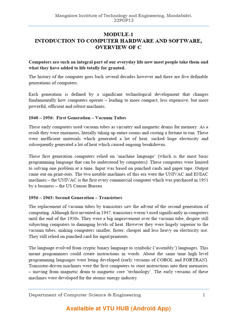 Module-1 Intoduction To Computer Hardware and Software, Overview of C | PDF | Computer Network ...