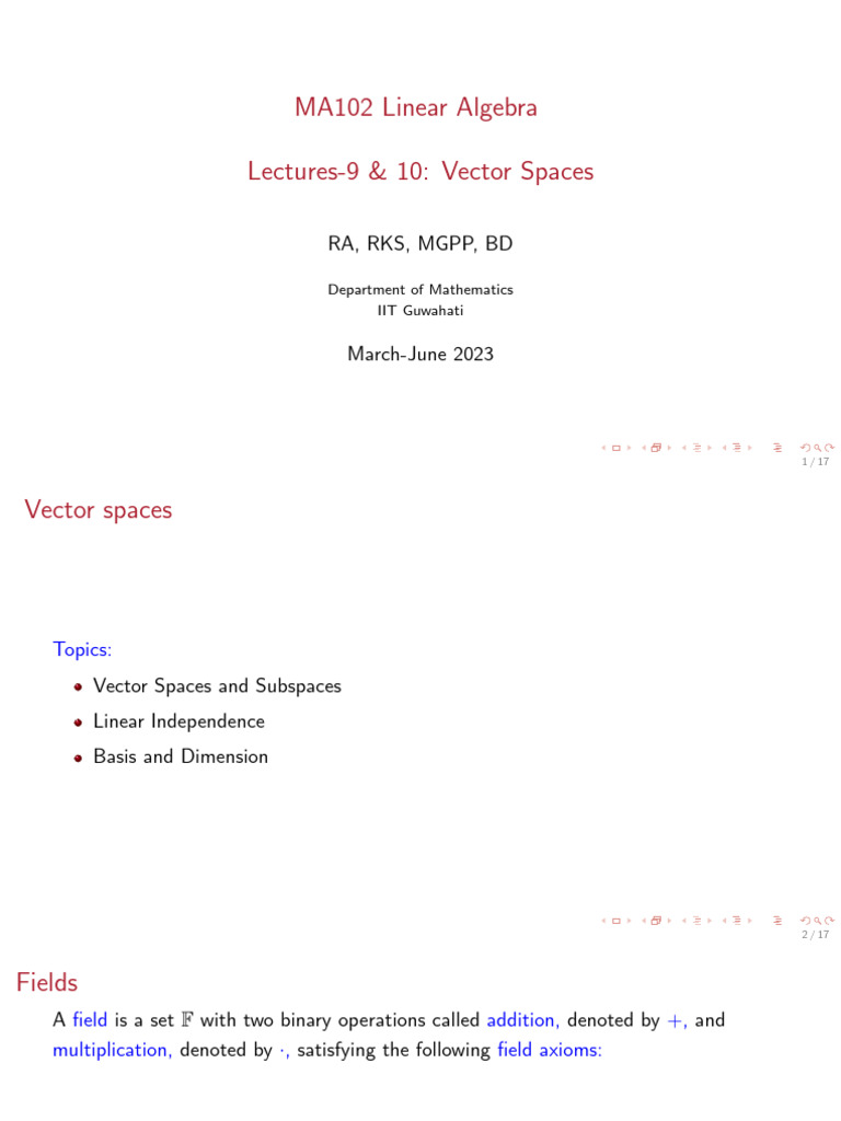 LA Lect 9 (Vspace) 2023 | PDF | Field (Mathematics) | Linear Subspace