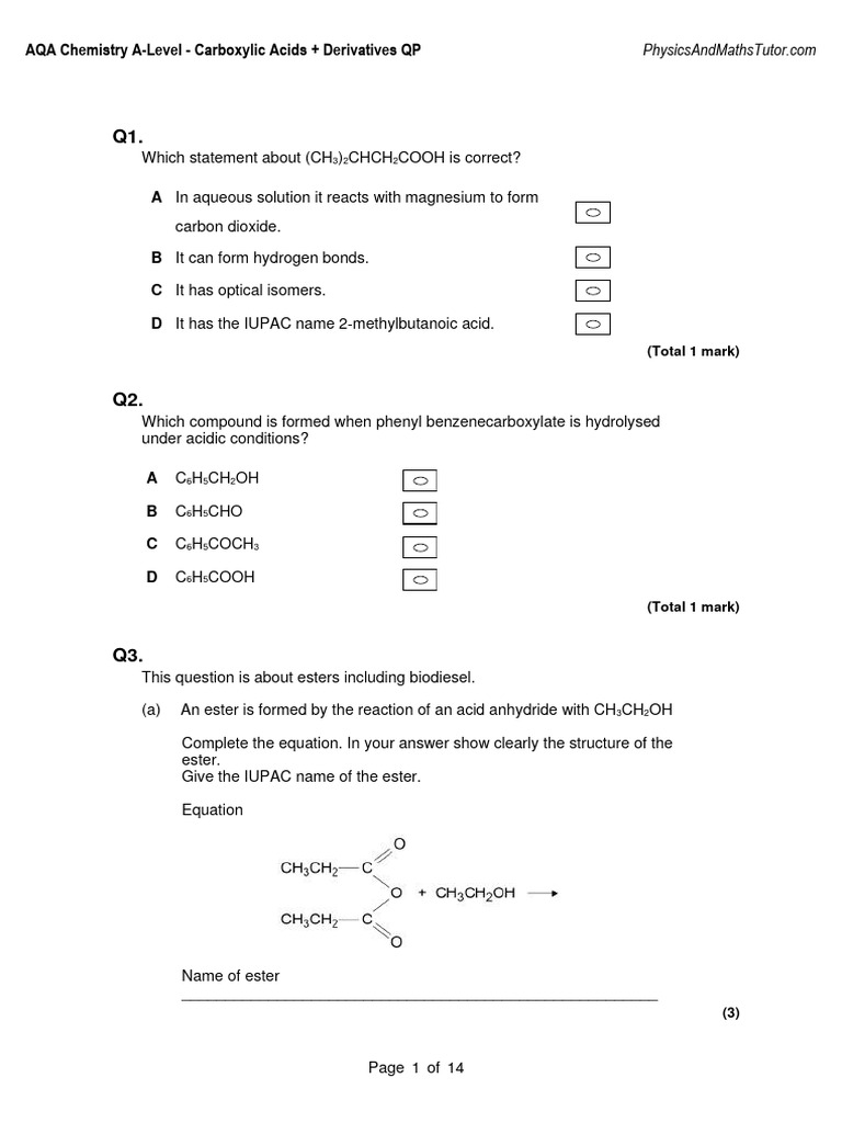 Carboxylic Acids and Derivatives QP | PDF | Ester | Acid
