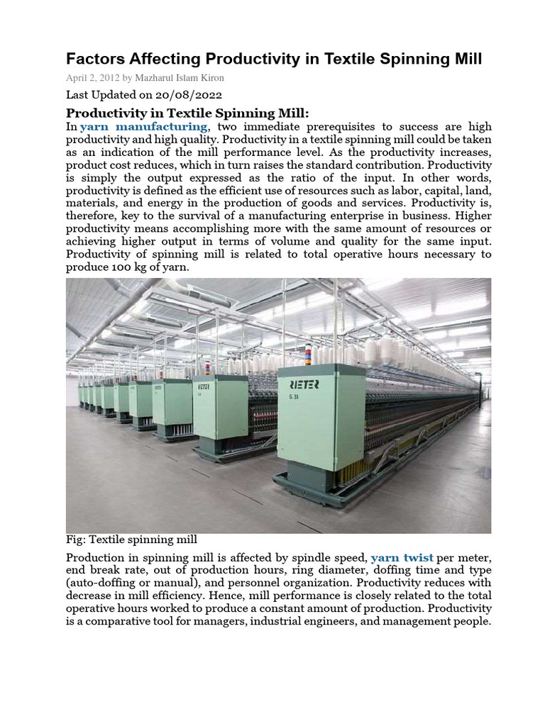 Factors Affecting Productivity in Textile Spinning Mill 5.6.2023 | PDF | Spinning (Textiles ...
