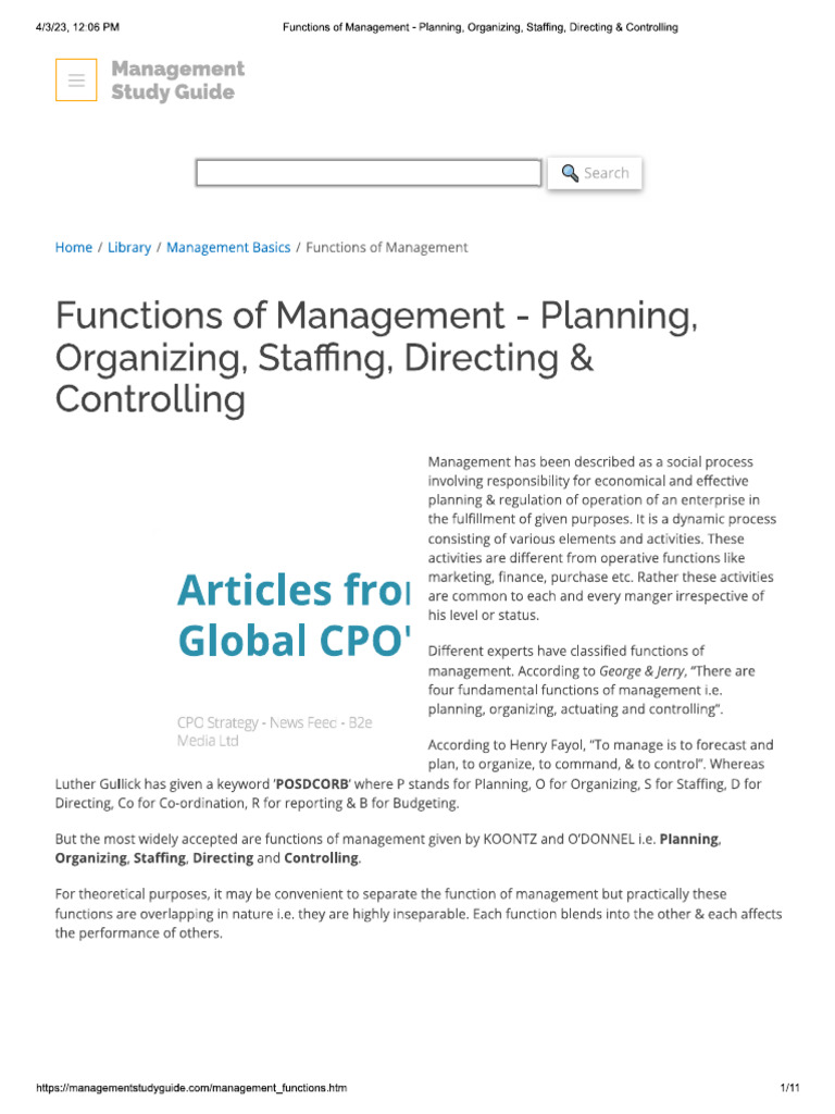 FUNCTIONS OF MANAGEMENT | PDF