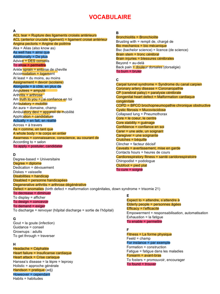 Vocabulaire | PDF | Clinical Medicine | Diseases And Disorders