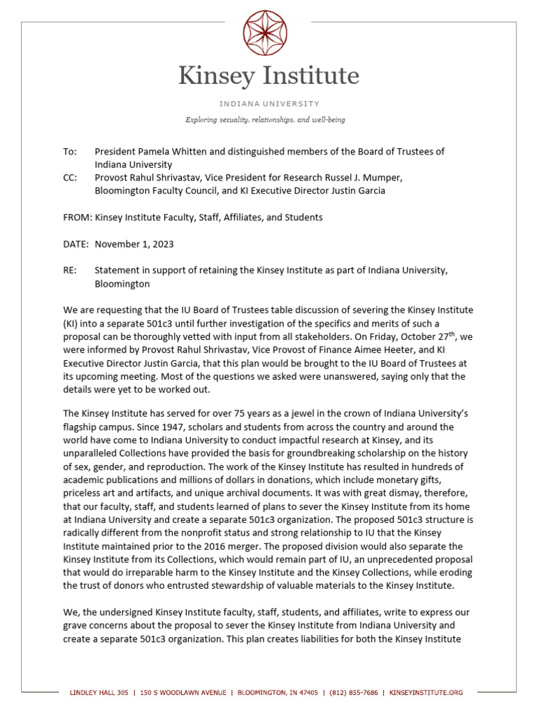 Letter To IUBOT & IU Administration Re Kinsey Institute | PDF | Social ...