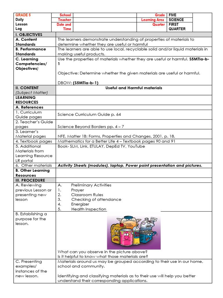 Exploring Useful and Harmful Materials in Science (Grade 5) | PDF ...