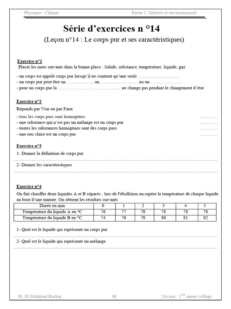 Le Corps Pur Et Ses Caracteristiques Exercices Non Corriges 1 | PDF ...