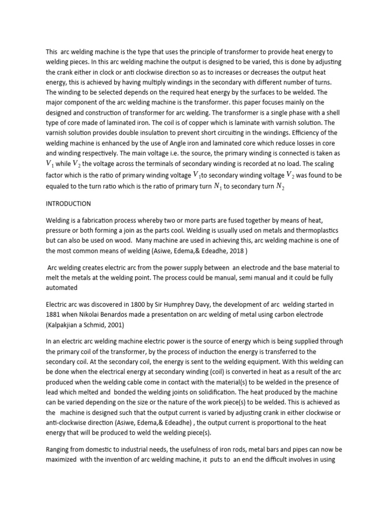 arc welding abstract (Autosaved) | PDF | Transformer | Construction