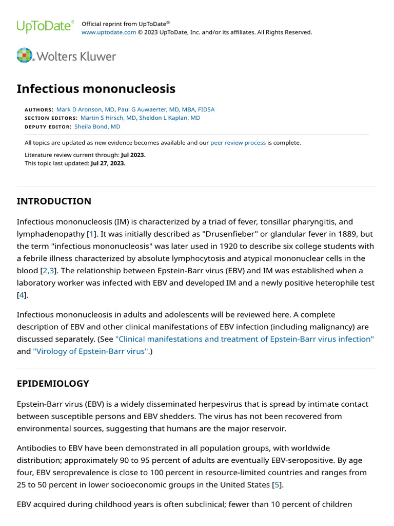 Infectious Mononucleosis - UpToDate | PDF