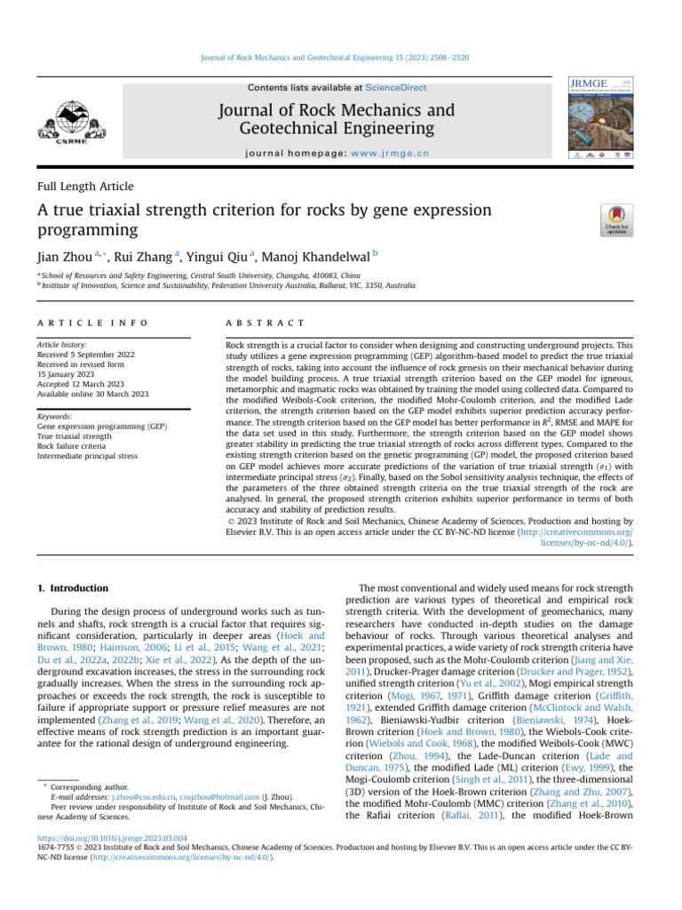 2023 A True Triaxial Strength Criterion For Rocks by Gene Expression ...