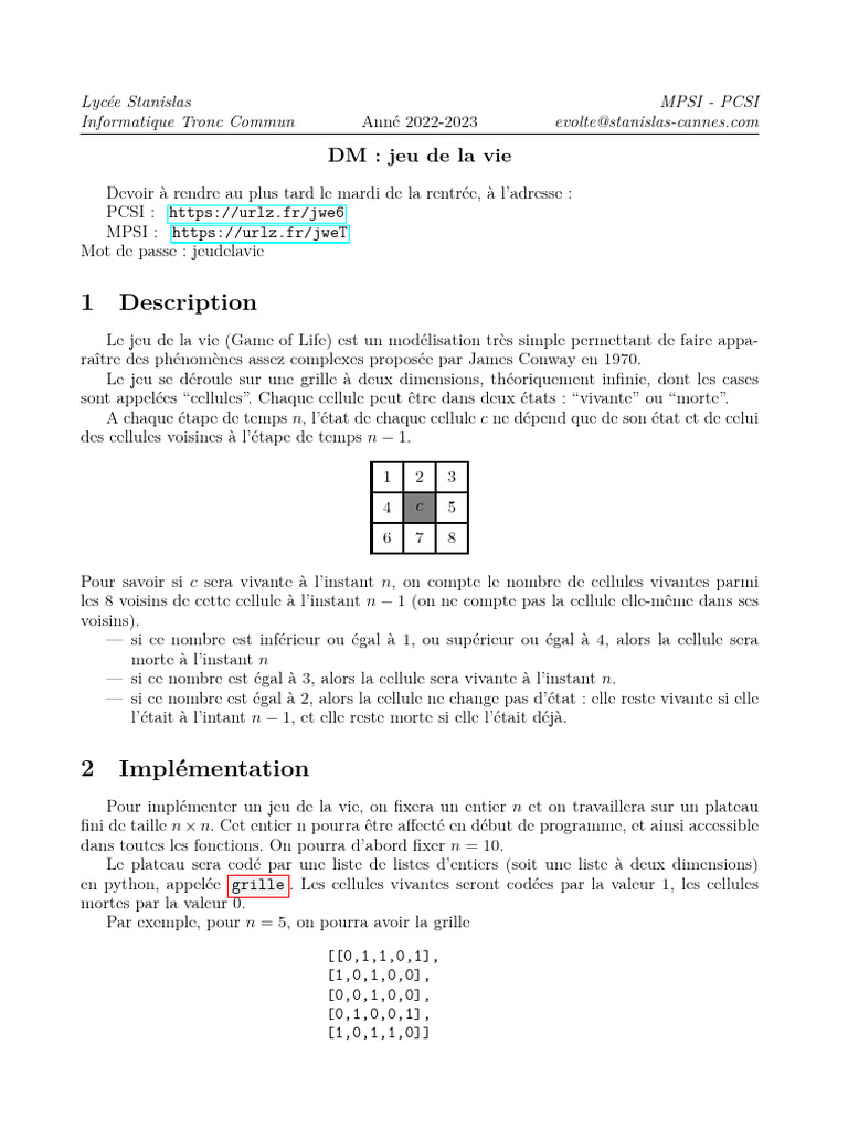 Implémentation Python du Jeu de la Vie | PDF | Méthodes et références pédagogiques