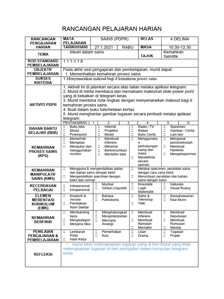 27 Jan 2021 RPH Sains 4 Delima | PDF