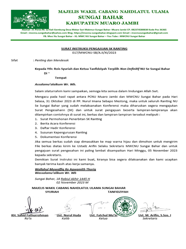 Surat Instruksi Pengajuan SK Ranting | PDF