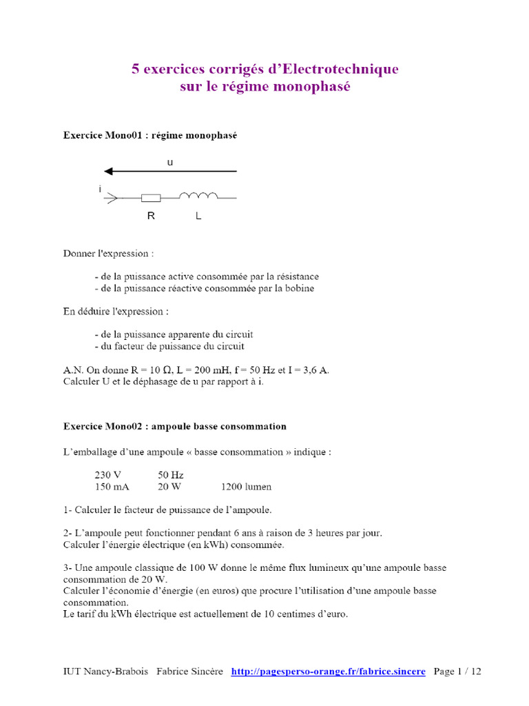 5 Exercices Corrigés D Electrotechnique Sur Le Régime Monophasé - PDF | PDF