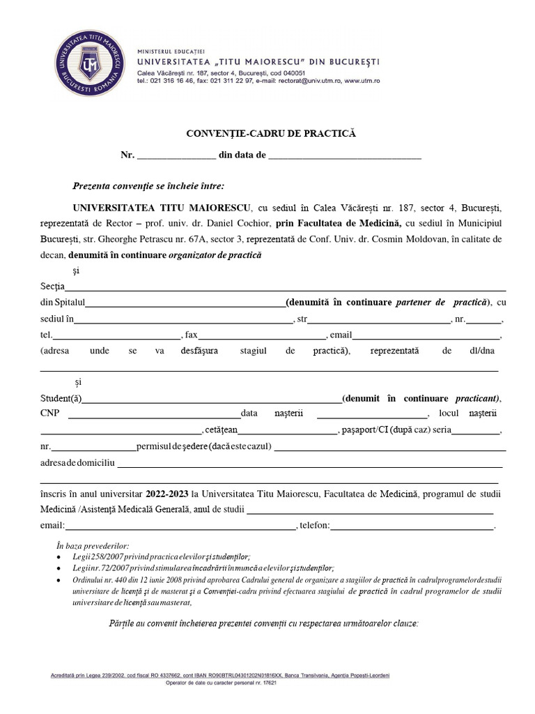 Conventie Practica Facultatea de Medicina 2022 2023 | PDF