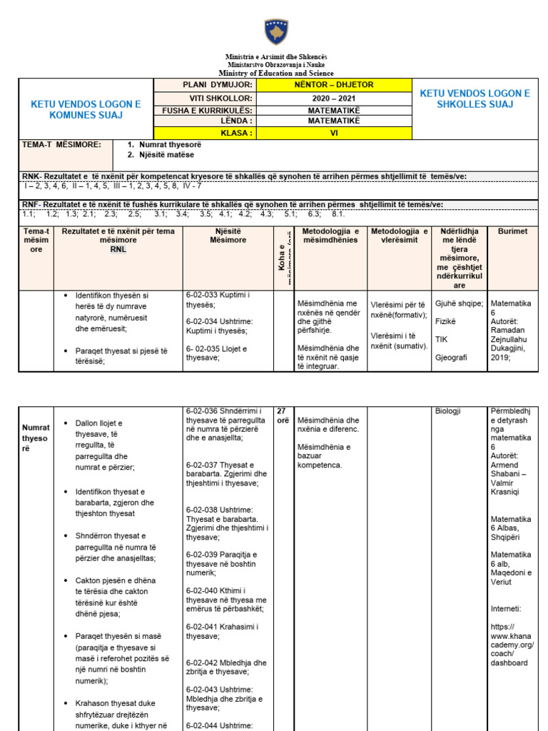 Plani Dymujor Nentor Dhjetor KL 6 9 | PDF