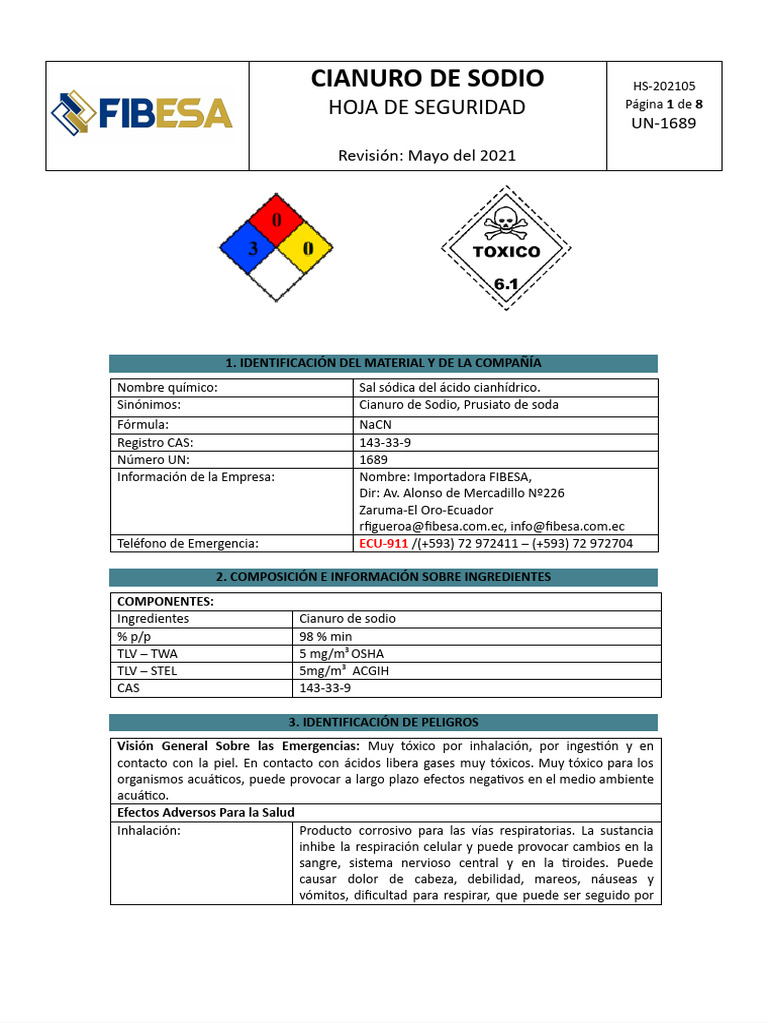 Msds-Cianuro de Sodio Fibesa | PDF