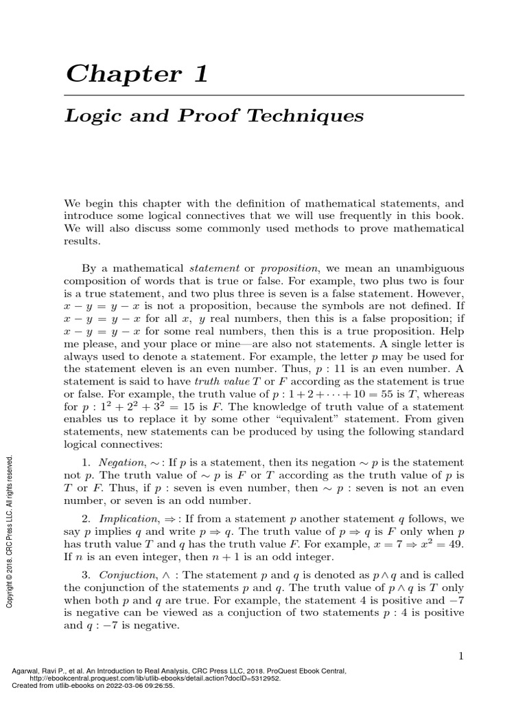 An Introduction To Real Analysis - (1 Logic and Proof Techniques) | PDF