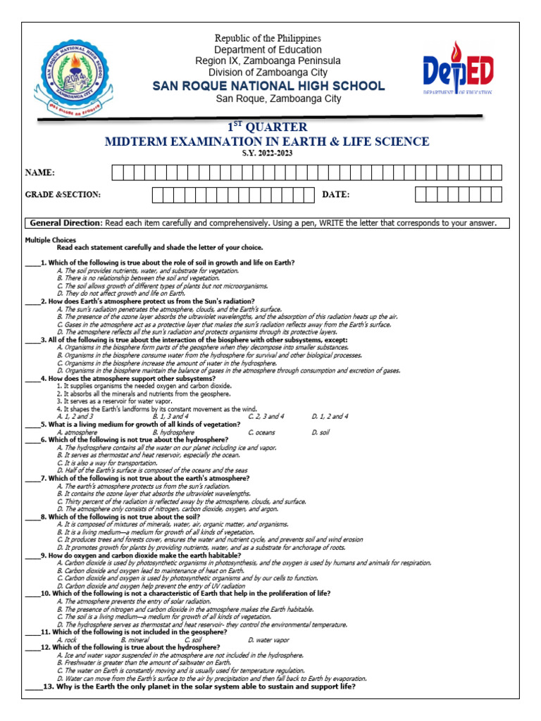 Earth & Life Science Midterm Exam | PDF