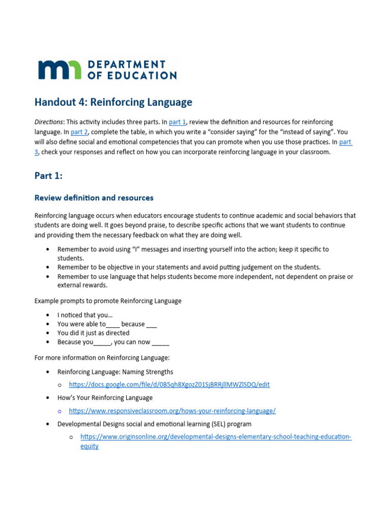Handout 4 use Reinforcing Language updated 082521 PROD046230 | PDF | Reinforcement | Behavioural ...