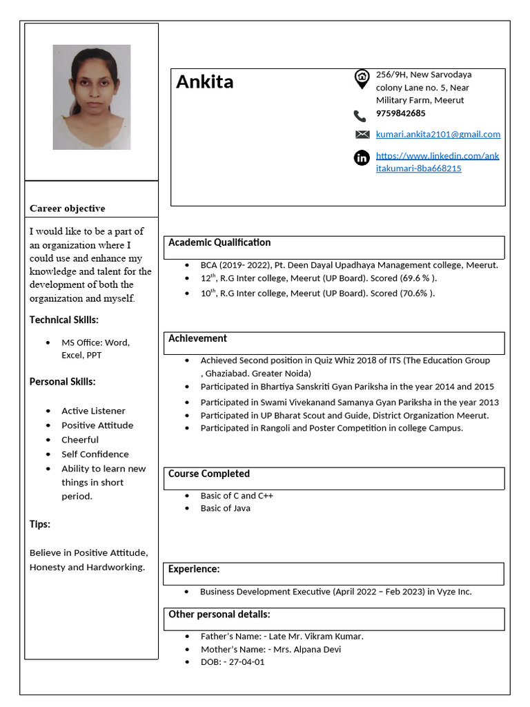 Ankita Resume | PDF | Behavior Modification | Cognition