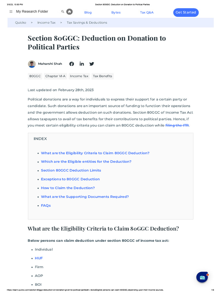 Section 80GGC - Deduction On Donation To Political Parties | PDF