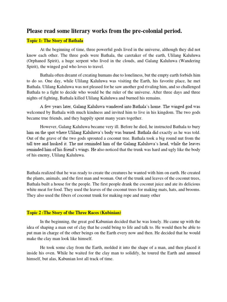 Literary Pieces - Pre-Colonial Wk3 | PDF