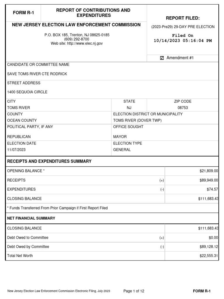 Rodrick 20231014 Form R-1 NJ ELEC | PDF | Payments | Debt