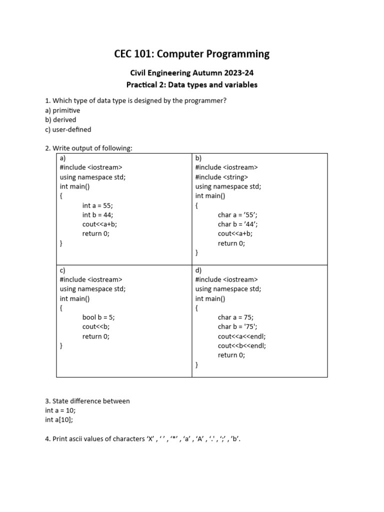 CEC-101 - P2 - Data Types and Variables | PDF | Namespace | Computer Engineering