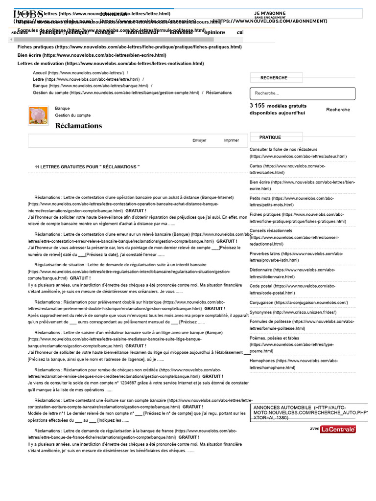 Modèle de Lettre Réclamations - Gestion Du Compte - Pour Écrire Aux Banque Utilisez Nos Modèles ...