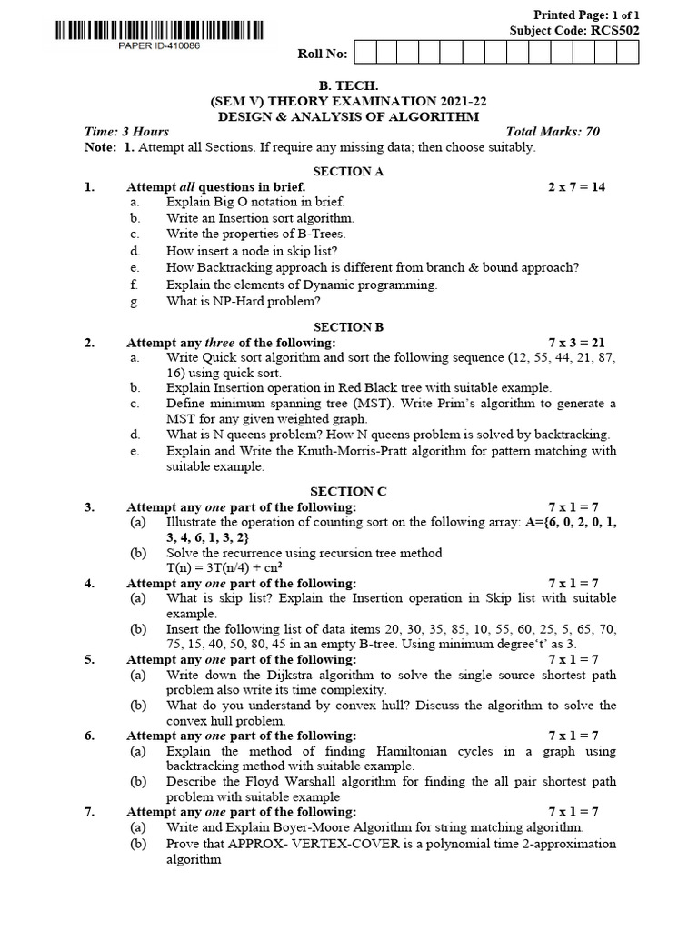 Btech Cs 5 Sem Design and Analysis of Algorithm Rcs502 2022 | PDF | Mathematics | Computer Science