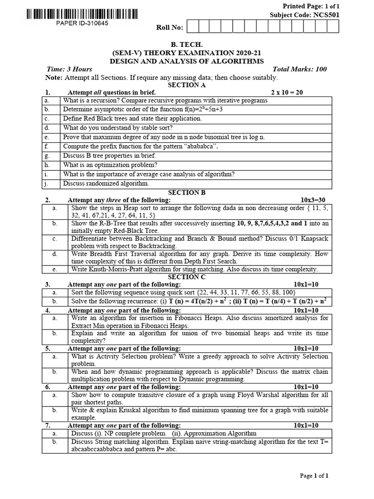 btech-cs-5-sem-design-and-analysis-of-algorithm-ncs501-2021 | PDF