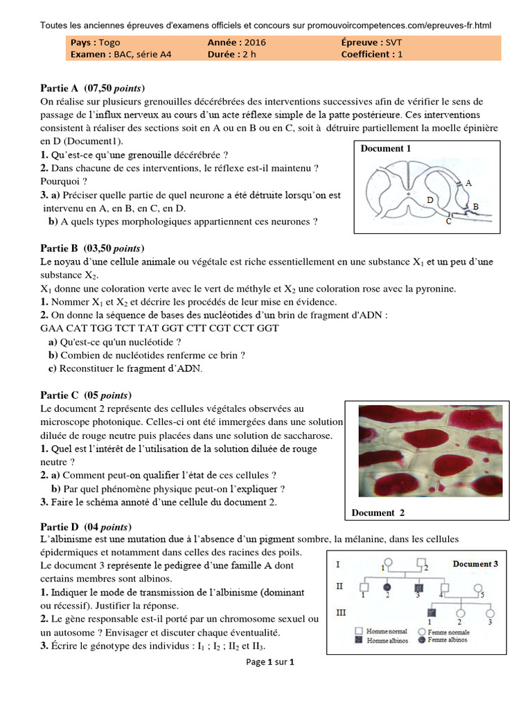 Togo 2016 Bac SVT Serie A4 | PDF