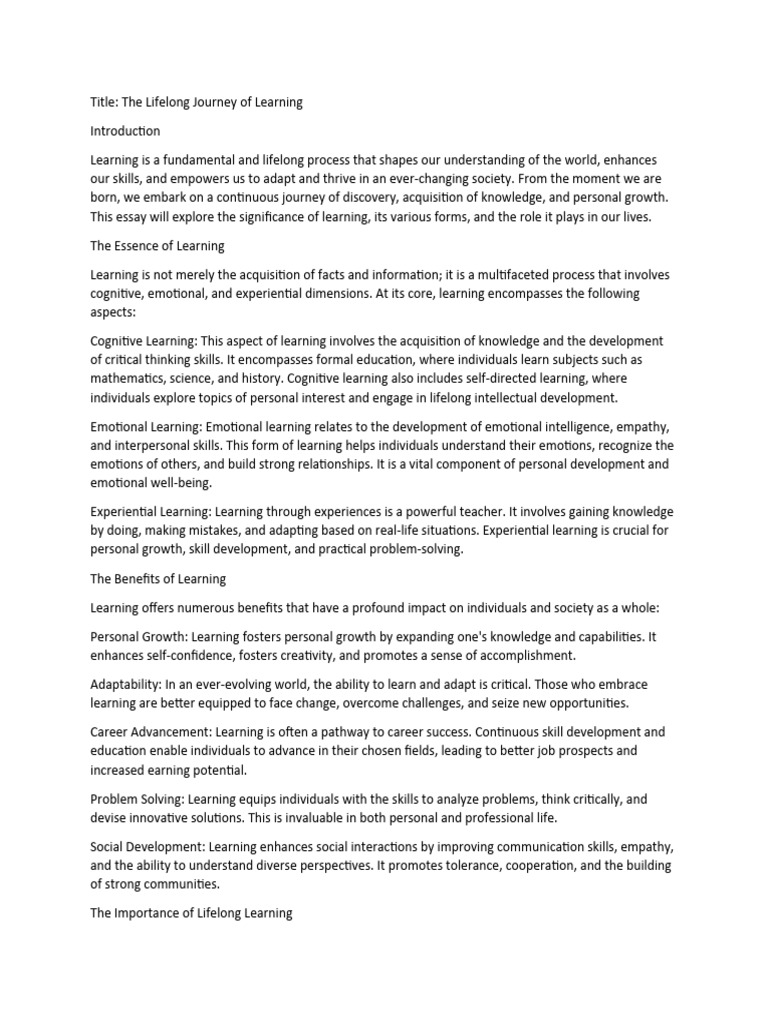 Essay About Learning | PDF | Lifelong Learning | Learning