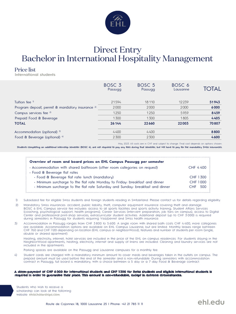 EHL Lausanne Bachelor Tuition Fees 2024 | PDF | Fee | Swiss Franc