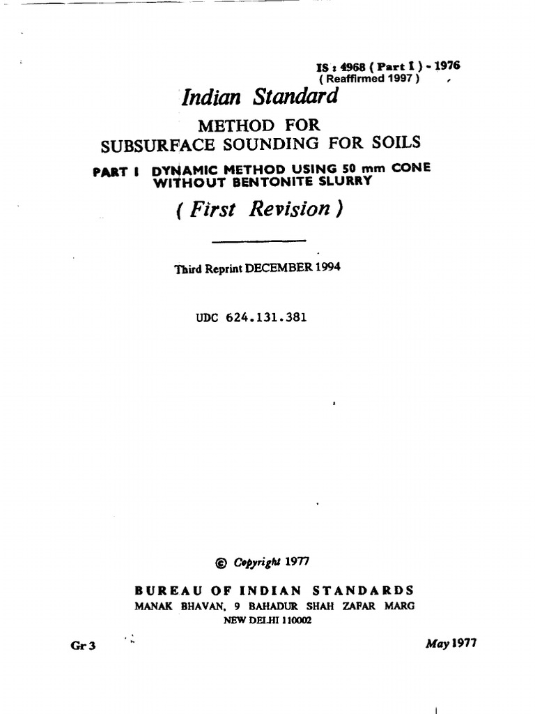 IS 4968 Part I - 1976 Dynamic Method Using 50mm Cone Without Bentonite | PDF