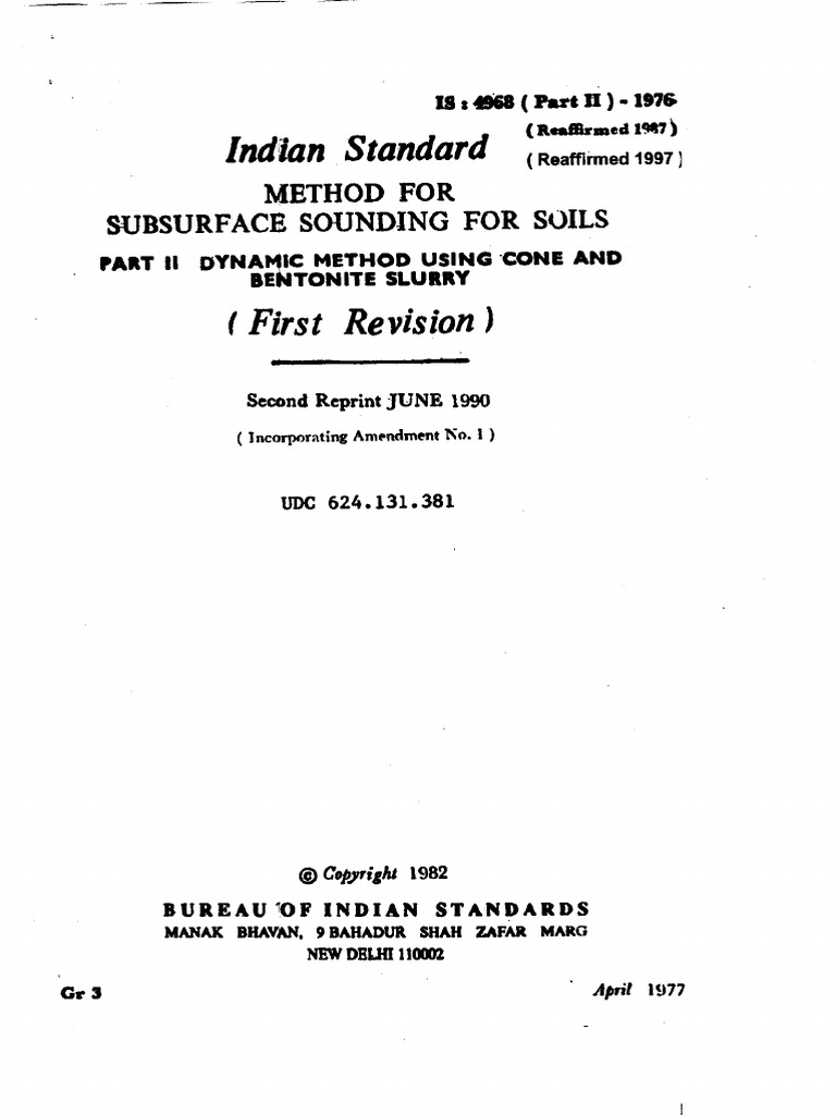 IS 4968 Part II - 1976 Dynamic Method Using Cone & Bentonite Slurry | PDF