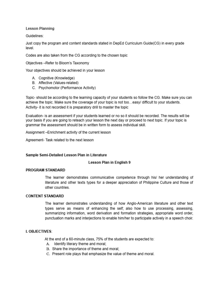 Sample Lesson Plan in Literature | PDF | Lesson Plan | Learning
