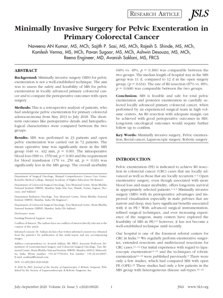 Minimally Invasive Surgery For Pelvic Exenteration in Primary Colorectal Cancer | PDF