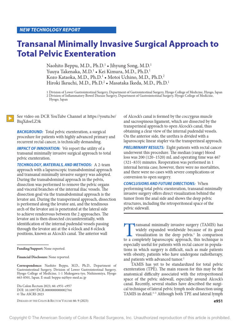 Transanal Minimally Invasive Surgical Approach To Total Pelvic Exenteration | PDF | Pelvis | Rectum