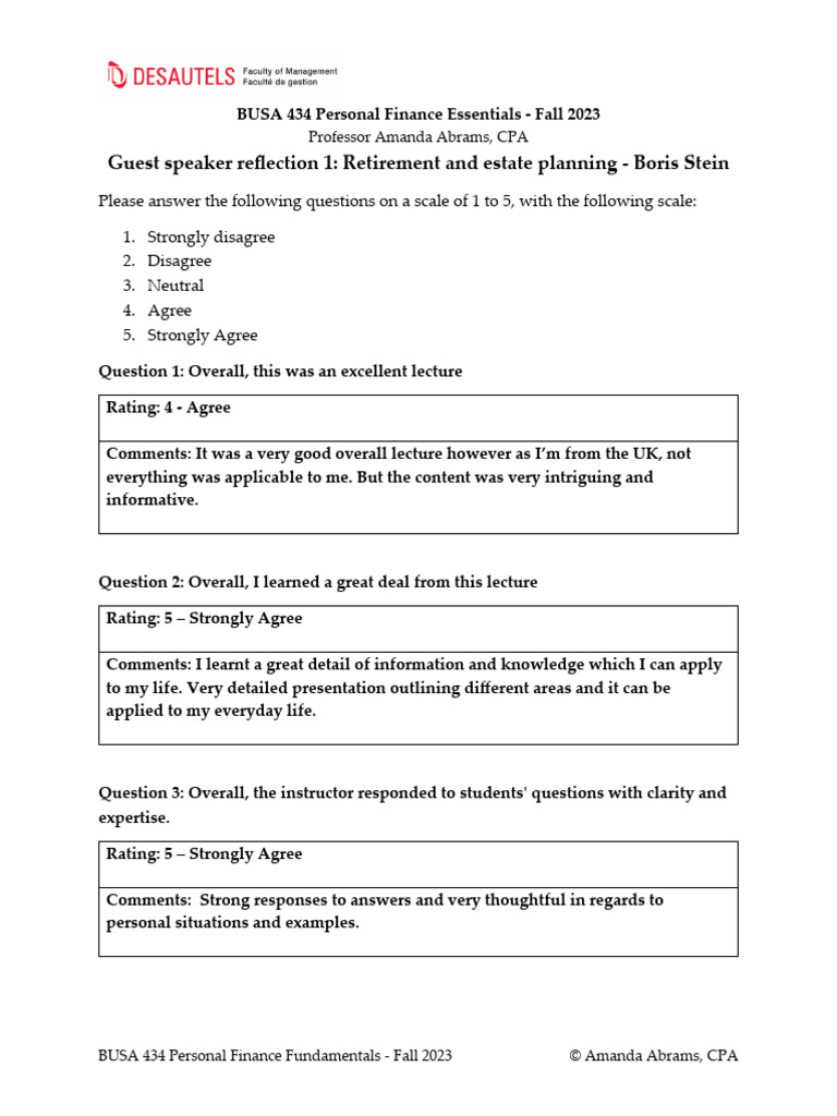 BUSA 434 Fall 2023 Guest Speaker Reflection 1 | PDF