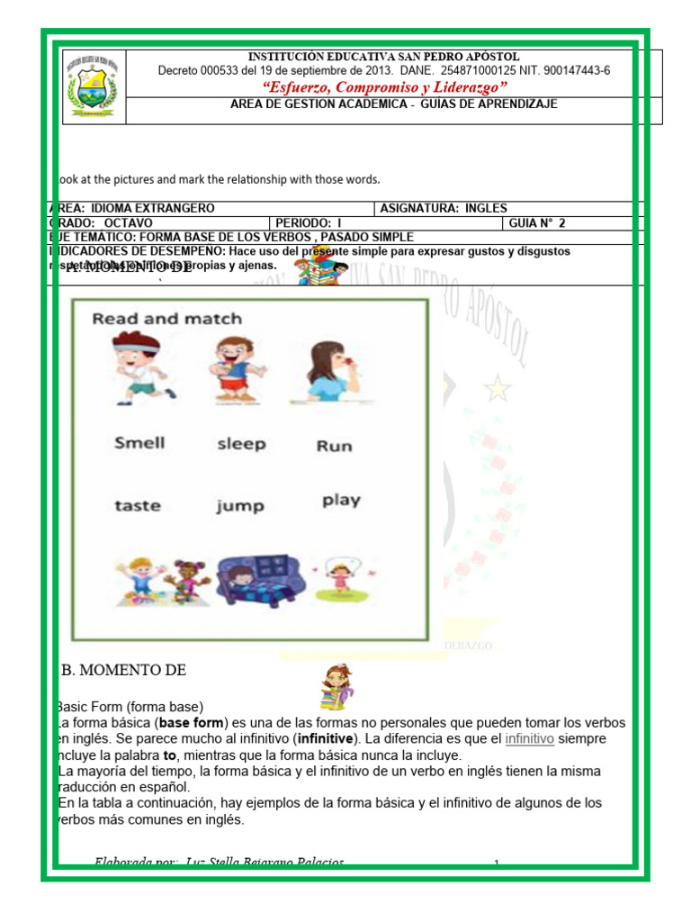 Guias Aprendizaje Ingles 8° Forma Base de Los Verbos 2023 | PDF | Verbo ...