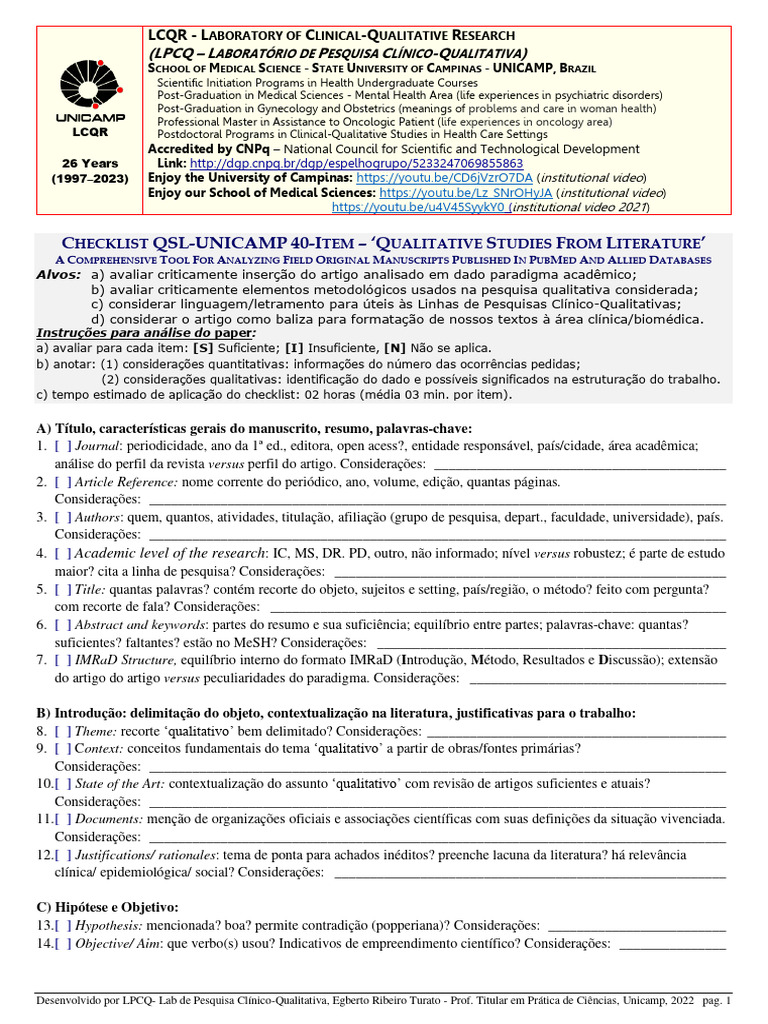 Checklist QSL-LPCQ-UNICAMP 40-ITEM - Estudos Qualitativos Da Literatura ...