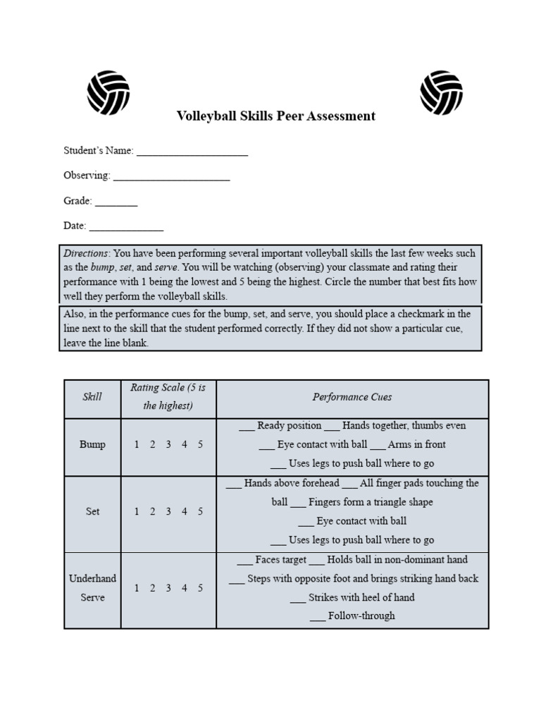 Volleyball Skills Peer Assessment Guide | PDF