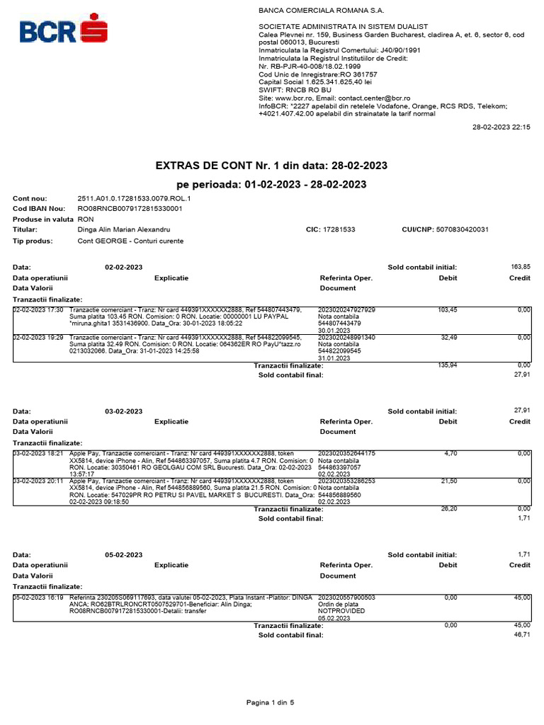 Pe Perioada: 01-02-2023 - 28-02-2023 EXTRAS DE CONT Nr. 1 Din Data: 28 ...
