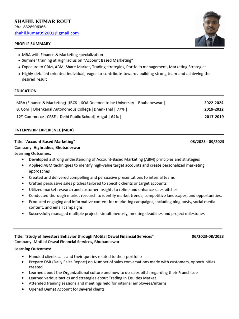 Shahil Mba CV | PDF | Marketing | Private Sector