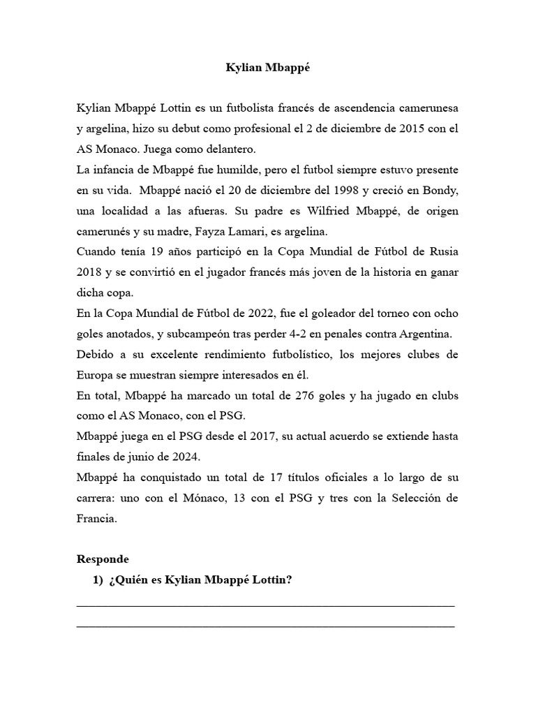 Kylian Mbappé (Control de Lectura) | PDF | Deportes y actividades al ...