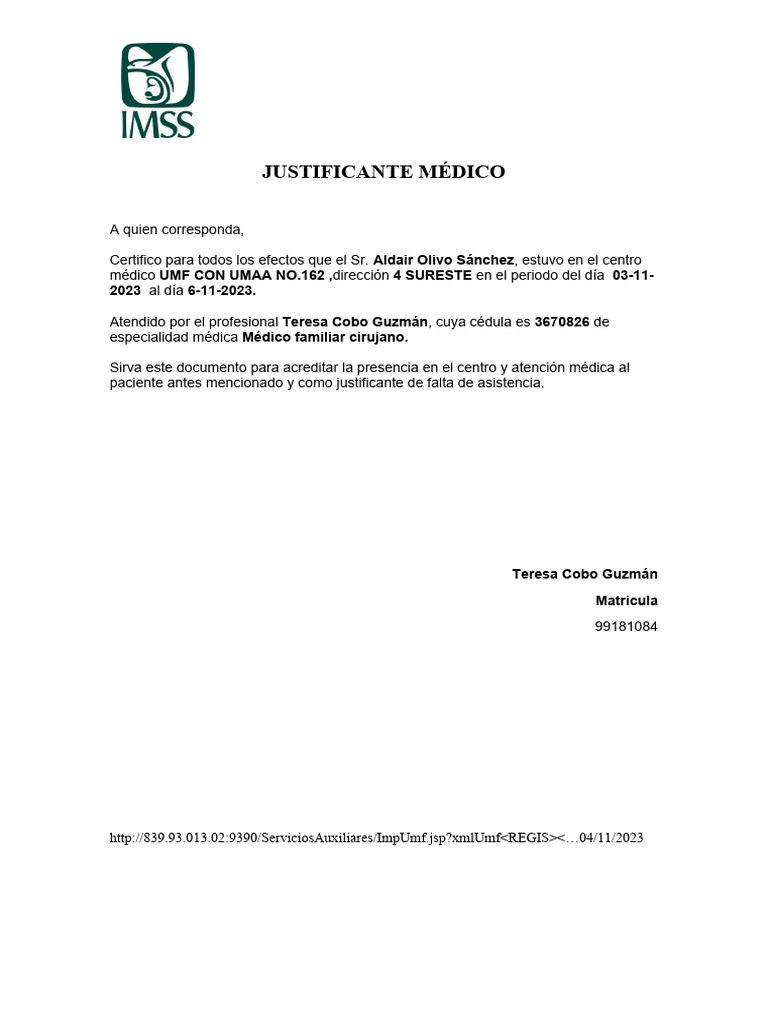 Justificante Médico Imss | PDF