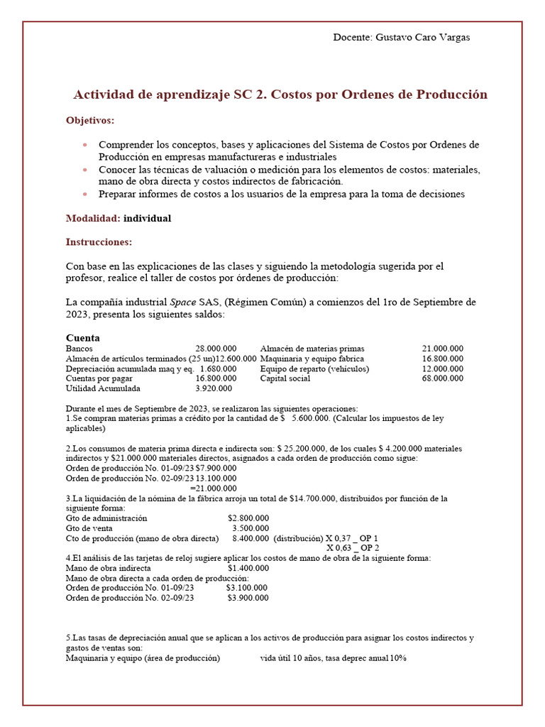 Actividad de Aprendizaje SC 2. Costos Por Ordenes de Producción | PDF | Tecnología